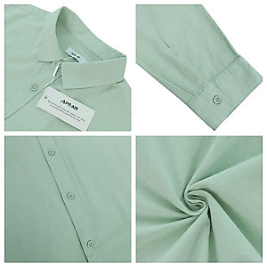 Mens Linen Button Down Shirts Long Sleeves Summer Beach Casual Regular Fit Shirt Tops Green