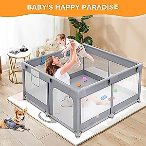 ZESHWER Baby Playpen, Playpen for Babies with Gate, 50”×50” Large Playpen for Toddlers, Baby Fence Play Area, Sturdy Safety Baby Play Yard with Soft Breathable Mesh, Grey