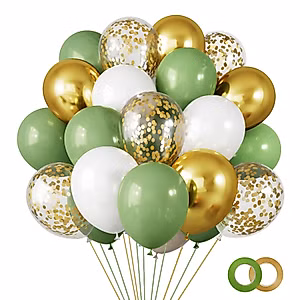 RUBFAC 65Pcs 12 Inches Sage Green Gold Confetti Balloons Kit, Green White Metallic Gold Party Balloons with Ribbons for Birthday, Wedding, Baby Shower, Graduation, Eucalyptus Party Decorations