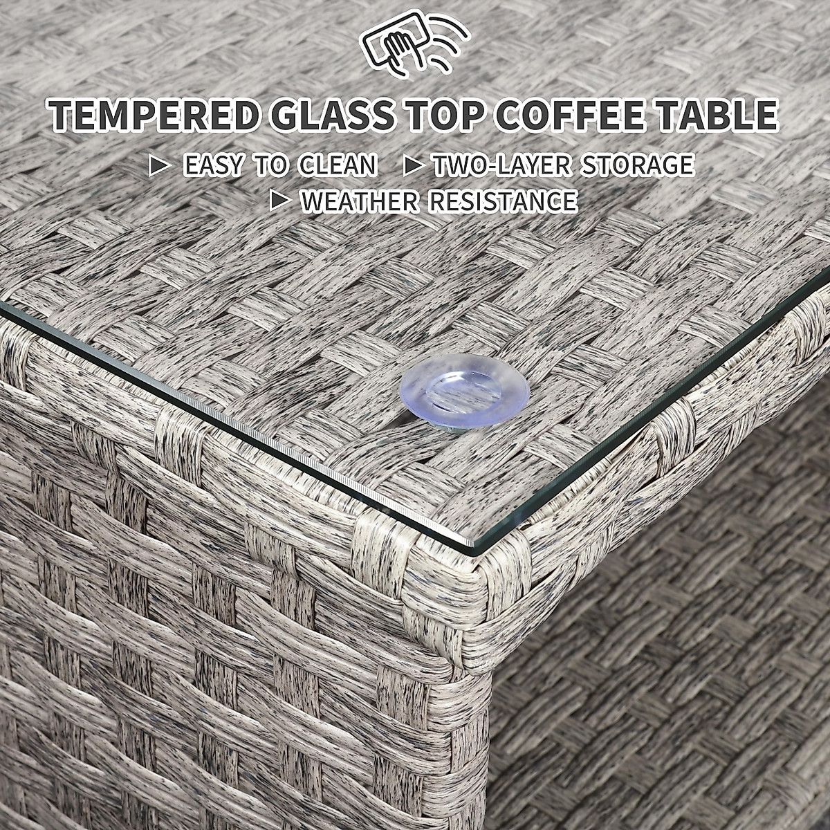 WAROOM Outdoor PE Wicker Coffee Table - Patio Rattan Garden Side End Tea Table with Glass Top Furniture, Grey