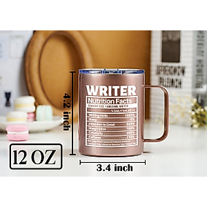 Onebttl Writer Gifts for Women/Men - 12oz Stainless Steel Insulated Mug with Lid - Graduation/Birthday/Christmas Gift for Writers, Novelist, Scriptwriter - Facts, Rosegold