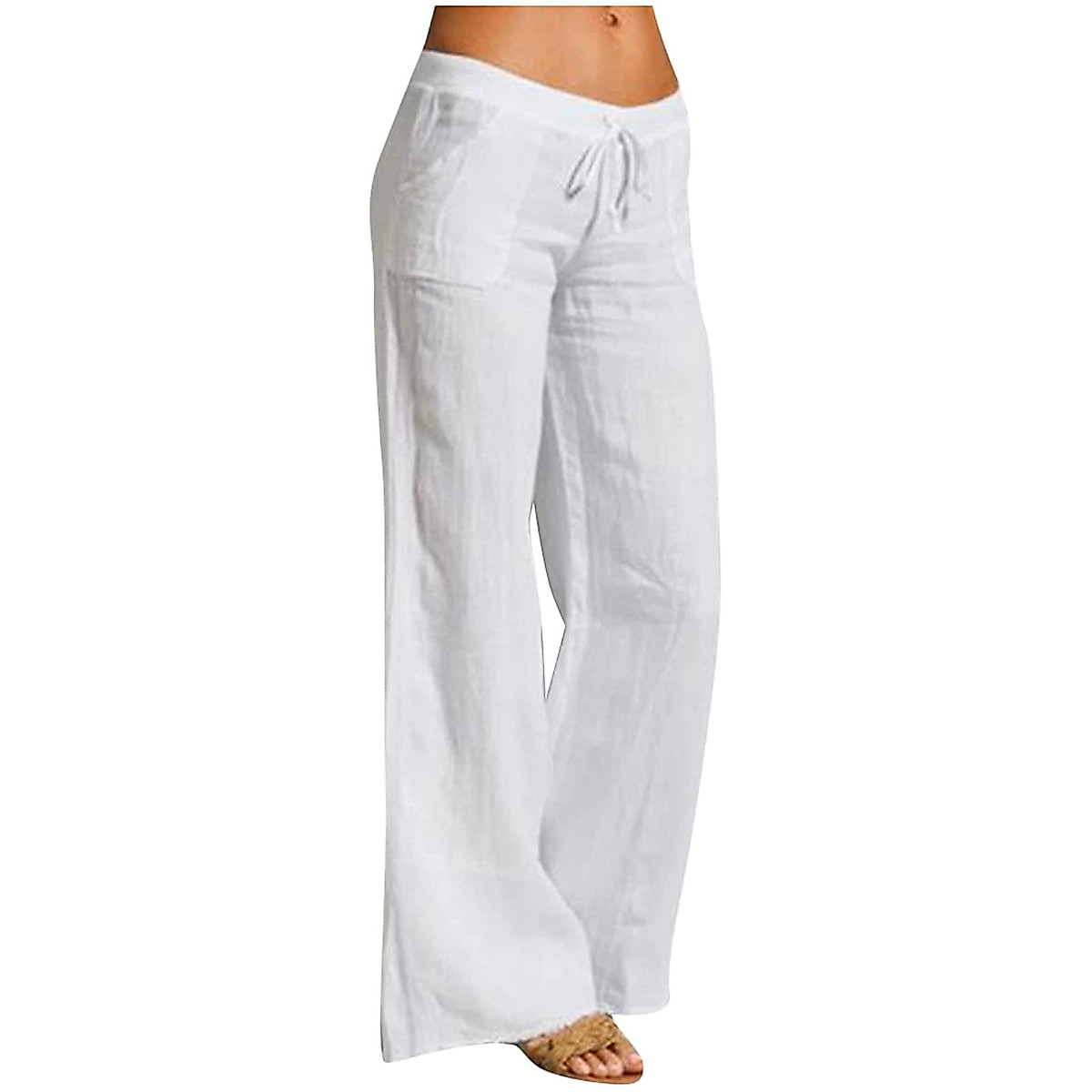 Unlimit Womens Casual Pants Wide Legs Cotton Linen, Soft Lightweight Comfy Long Lounge Pants for Summer, Beach and Home, Elastic Waist Drawstring Trousers with Pockets. (XL, White)