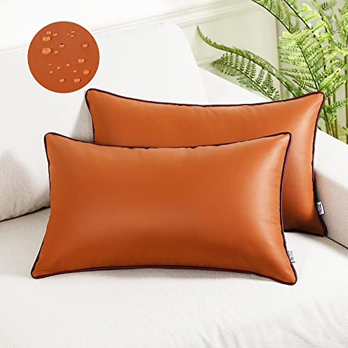 howdy deco 2 Pcs Waterproof Lumbar Pillow Covers 12x20 Inches of Silicone Leather Anti-Fading Rectangle Pillowcases Soft Durable for Outdoor Decoration Garden Terrace Canopy Balcony Sofa, Brown