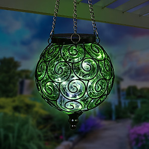 Exhart Outdoor Garden Solar Lights, Round Glass and Metal Hanging Lantern, 15 Firefly LED Lights, 7 x 20 Inch, Green
