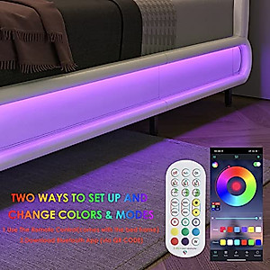 HOSTACK King Size Upholstered Bed Frame with Smart LED, PU Low Profile Sleigh Platform Bed with Adjustable Headboard, Modern Mattress Foundation with Wood Slats, Lights Sync with Music (White, King)