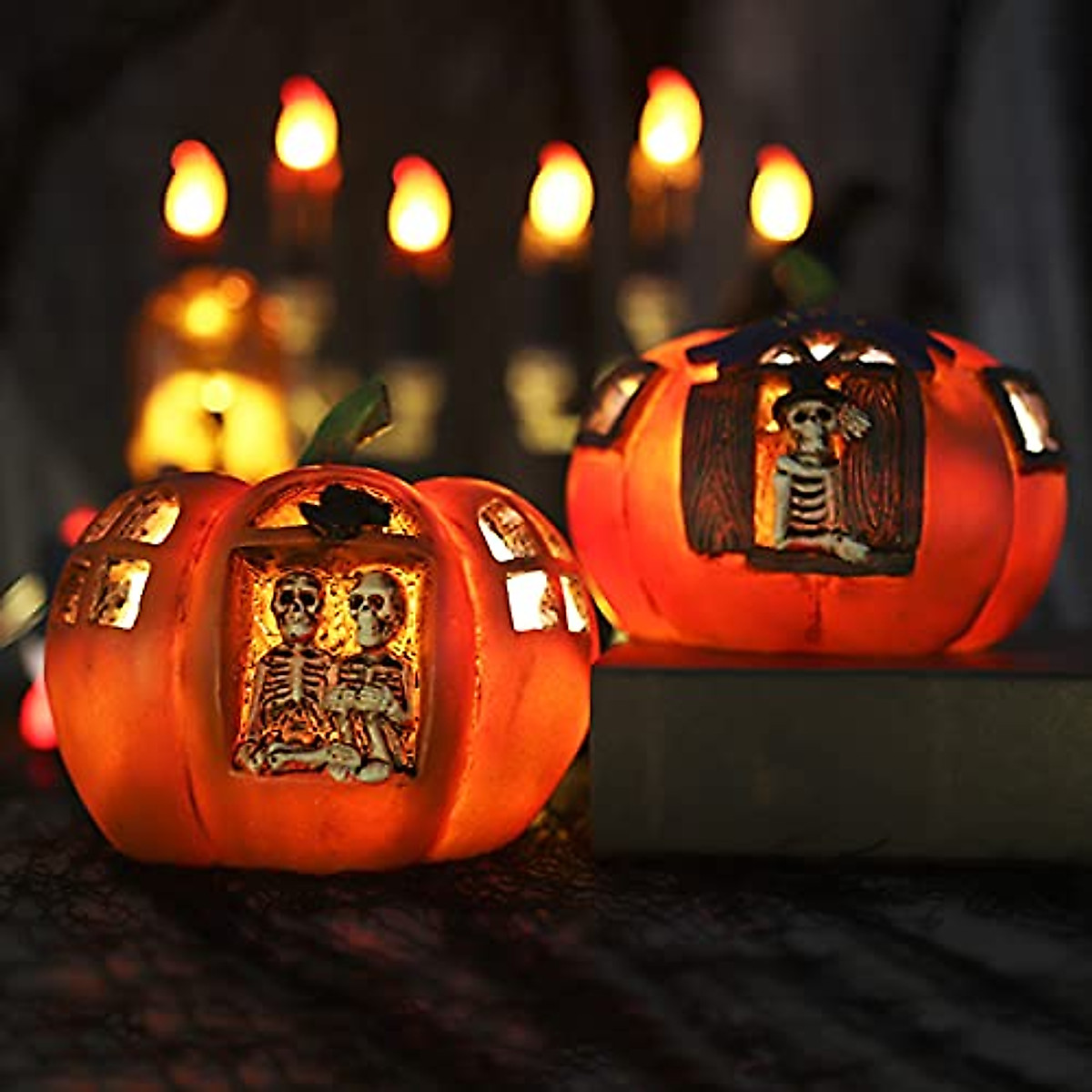 Halloween Resin Pumpkin Lanterns, Desktop Led Skull Lights, Outdoor and Indoor Holiday Party Decorations, Garden, Garden and Terrace Home Decoration (2 Pieces)