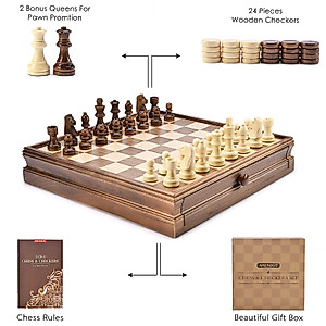 AMEROUS 15" x 15" Wooden Chess & Checkers Set with Built-in Storage Drawers/Weighted Chess Pieces / 2 Bonus Extra Queens / 24 Cherkers Pieces/Classic 2in1 Board Games for Kids, Adults