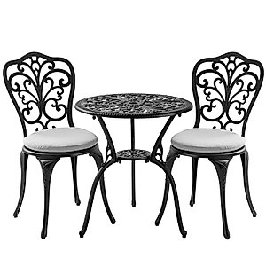 Withniture 3 Piece Bistro Patio Set Cast Aluminum Bistro Table and Chairs Set of 2 with Cushion,Outdoor Bistro Table Set with Umbrella Hole,All Weather Patio Furniture Set for Garden,Black