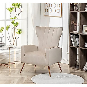 Container Furniture Direct Modern Velvet Accent Chair, Channel Tufted Bedroom, Office or Living Room Furniture with Elegant Metal Legs, 26" Wide Armchair, Beige