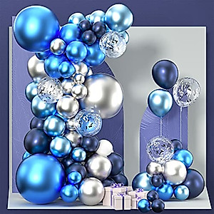 PartyWoo Blue and Silver Balloon Garland Kit 100 pcs and 6 pcs Disco Silver Foil Balloons