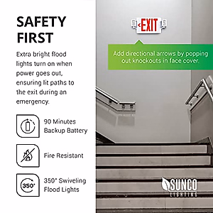 Sunco LED Exit Signs with Emergency Lights, Double Sided Adjustable LED Emergency Combo Light with Backup Battery, Hard Wired, Commercial Grade, 120-277V, Fire Resistant (UL 94V-0) 6 Pack