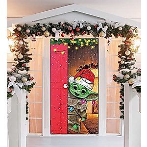 Funny Christmas Door Cover Cute Baby Yo-da Christmas Door Sign Banner Star Funny Wars Merry Christmas Door Decoration Santa Yo-da Christmas Backdrop for Door Wall Window 6.6 x 3 ft