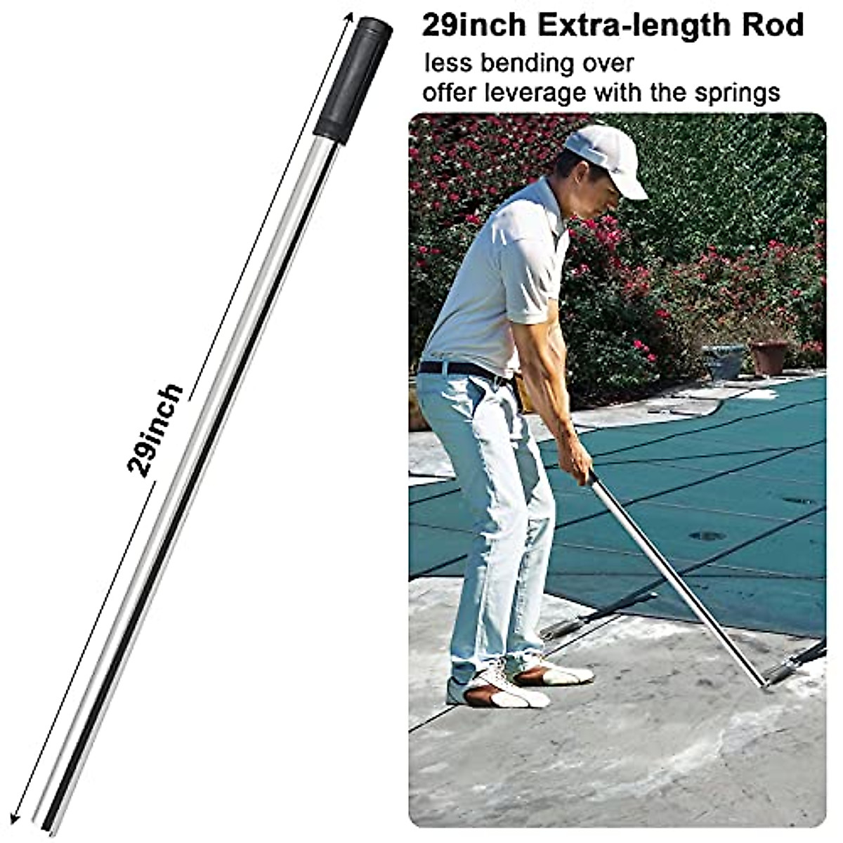 Uprimu Pool Cover Tool, Pool Cover Removal Installation Rod Pool Cover Anchors, Stainless Steel Heavy Made, 29inch Length, Compatible with All Standard Pool Cover Anchors