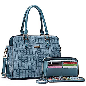Qiyuer Women Satchel Top Handle Bag Wallet Purse,Purses Work Tote Bags Set 2pcs Blue