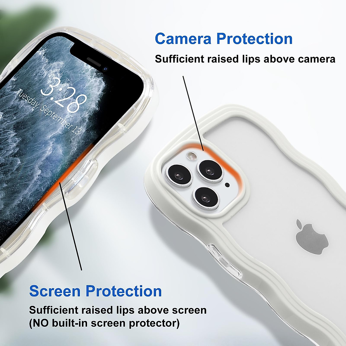 Anuck for iPhone 11 Pro Max Case Wavy Edge Clear Back Design, Anti-Slip Grip Cute Wave Curly Frame Shape Shockproof Soft TPU & Hard Bumper Protective Phone Case Cover for Women Girls, White