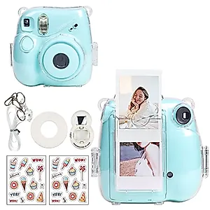 CAIYOULE Clear Case for Fujifilm Instax Mini 7+ Plus Camera Case Protective Case with Back Photo Storage Pocket, Selfie Mirror, Stickers and Adjustable Shoulder Strap