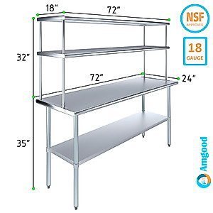 Amgood Stainless Steel Work Table Double Tier Overshelf | Metal Kitchen Prep Table & Shelving Combo (24" x 72" Work Table + 18" Overshelf)