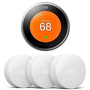 Nest T3007ES Learning Thermostat - 3rd Gen - (Stainless Steel) with 3 Pack Nest T5001SF Temperature Sensor