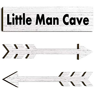 3 Pieces Little Man Cave Wood Sign Decor Toddler Boys Room Wood Wall Art Sign 15 x 4 x 0.2 Rustic Boys Nursery Wall Sign Decor Farmhouse Wooden Arrow Sign for Baby Home Bedroom Living Room (White)
