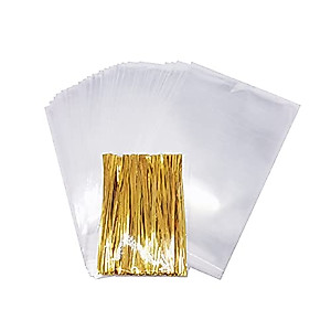 Wowfit 100 CT 6” x 10” Clear Flat Cellophane Treat Bags with 6” Gold Twist Ties, Cello Packaging for Gift Wrapping, Decorations, and Food Storage