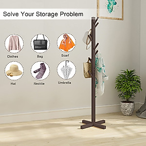 Tiasott Wooden Coat Rack Stand,Free Standing Tree Hanger,Standing Coat Rack with 8 Hooks,Hallway Entryway Clothes Hanger for Suits,Hats,Scarves,Handbags,Umbrella,Brown