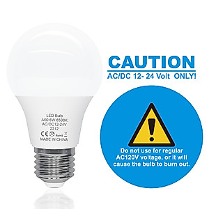 ORALUCE 12V LED Light Bulb Low Voltage,AC/DC 12-24V A19 E26 LED Bulb 60 Watt,6500K Cool White 12 Volt Light Bulb 6W,for Solar Battery System Lighting Marine Boat RV Camping Landscape Garden,6P