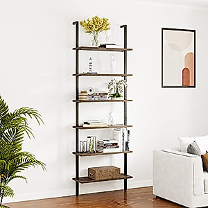 Wolawu Ladder Shelf Black 6 Tiers Modern Bookshelf Room Organizer Open Tall Wall Mount Bookcase Standing Leaning Wall Shelves Industrial Decorative Living Room Bed Room