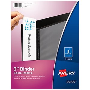 Avery Binder Spine Inserts, for 3 Inch Ring Binders with 3.5" Spine Width, 15 Cardstock View Binder Spine ID Inserts (89109)