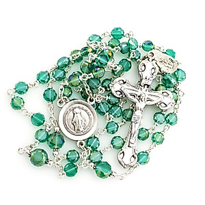 Religuious Italian Silver Rosary with 6mm Emerald Green Austrian Crystal beads and miraculous medal dangle