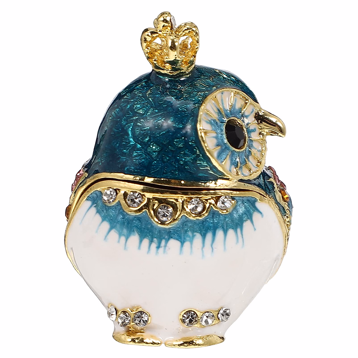 VOSAREA Owl Trinket Box Hand Painted Metal Hinged Jewelry Box Enameled Crystals Rings Earrings Necklace Storage Container Animal Figurine Collectible for Home Decor Blue