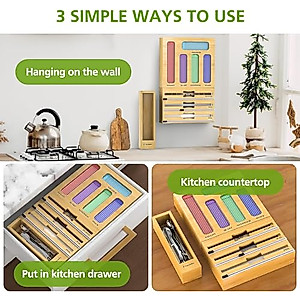 Lawmoliw Bag Storage Organizer for Kitchen Drawer, 9 in 1 Foil and Plastic Wrap Dispenser with Cutter, Bamboo Plastic Bag Food Baggie Organizer for Gallon, Quart, Sandwich, Snack, Freezer