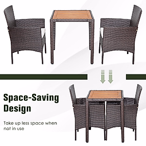 Tangkula 3 Pieces Patio Furniture Set, Outdoor Mix Brown Wicker Dining Set w/Acacia Wood Top Table, Comfortable Cushioned Chairs, Space-Saving Rattan Conversation Set for Garden, Backyard, Porch