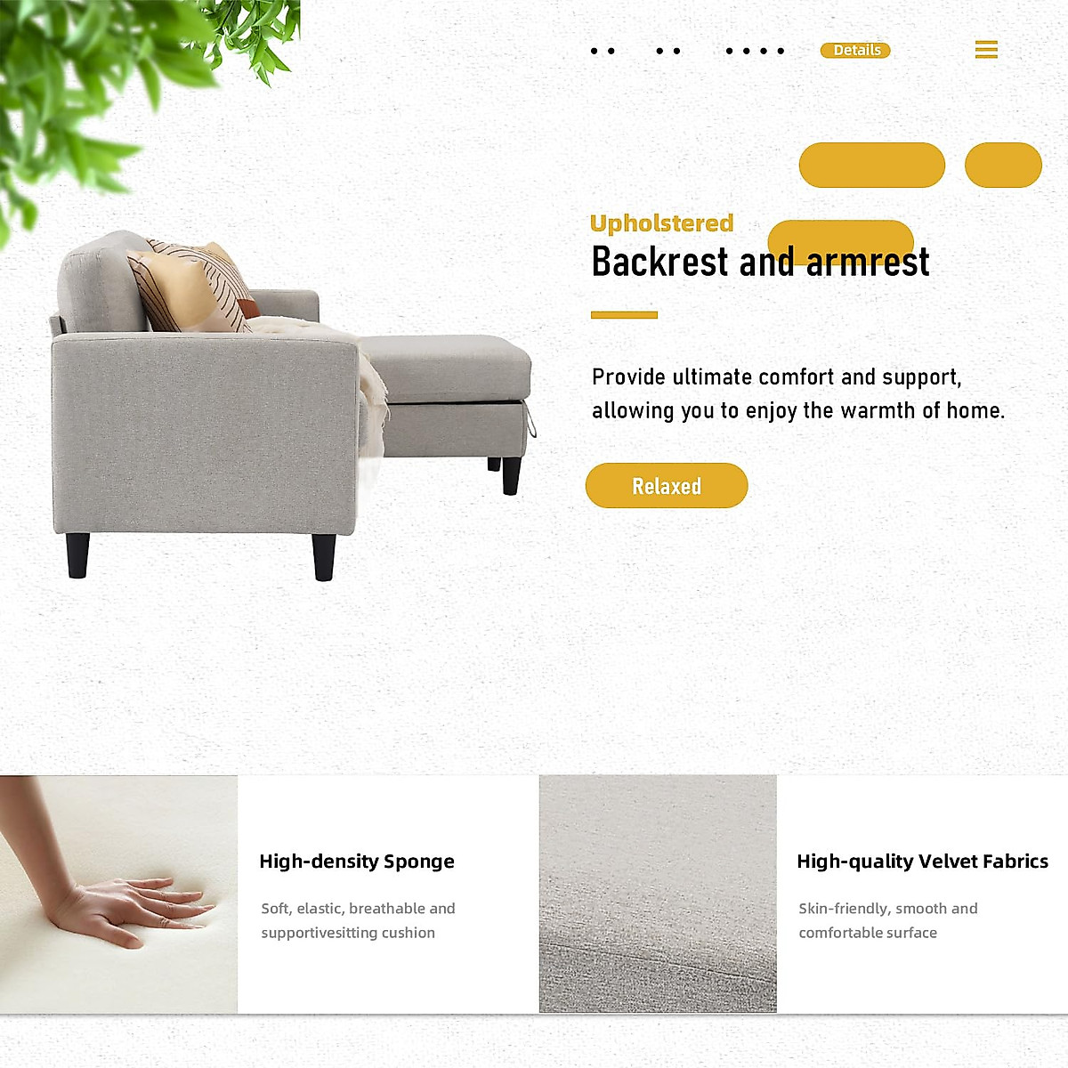 EDWINENE Sectional Sofa Couch, 3 Seat L Shaped Couch with Storage Chaise, Compact Small Couch with Reversible Ottoman for Living Room, Small Apartments, Office(Light Gray)