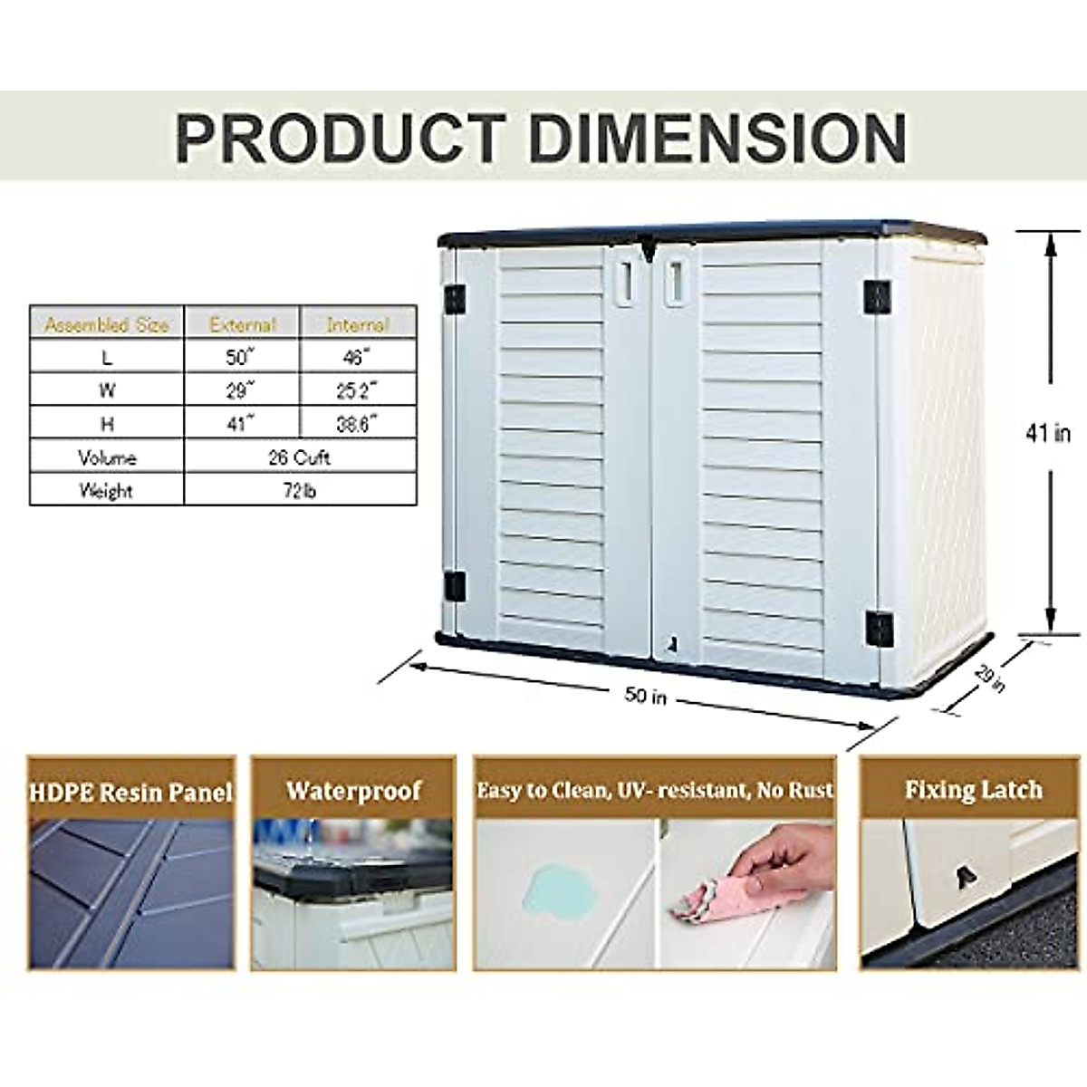 HOMSPARK Storage Shed Horizontal Outdoor Storage Box Weather Resistance, Multi-Purpose Shed Lockable with Floor - Durable Storage for Yard Toys, Garden Tools, Patio Accessories, Cream White