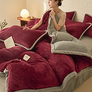 Fluffy Comforter Cover Set - Winter Duvet Cover Full Size, Red Plush Quilt Cover, 3 Pieces,1 Duvet Cover (80"x90") with Zipper Closure & 2 Pillow Shams, Comforter Not Include (Full (80"x90"), 03)