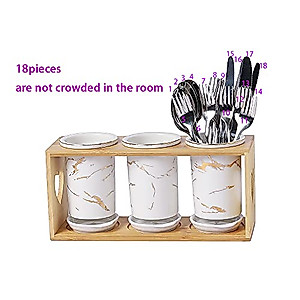 LUODI Golden Marbling Set of 3 with Wooden,Silverware Caddy Holder for Spoons Knives and Forks,Kitchen Utensil Flatware Organizer (White)