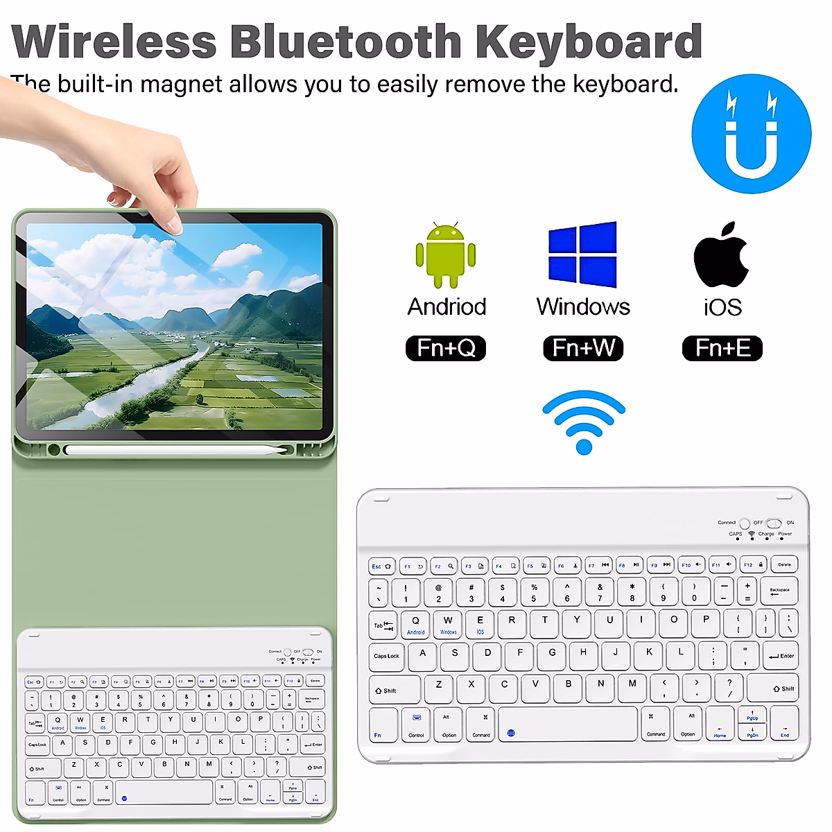 Aoub Case for iPad Air 6th 11-inch M2 2024, iPad Air 5th/4th Generation 10.9 inch 2022/2020, Stand Folio Detachable Wireless Bluetooth Keyboard Cover Soft TPU Back Case with Pencil Holder, Light Green