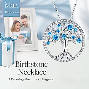 March Sterling Silver Birthstone Life Tree Necklaces S925 Birthday Necklace for Women Girls Mom Wife Daughter Grandma Necklace Valentines Mother