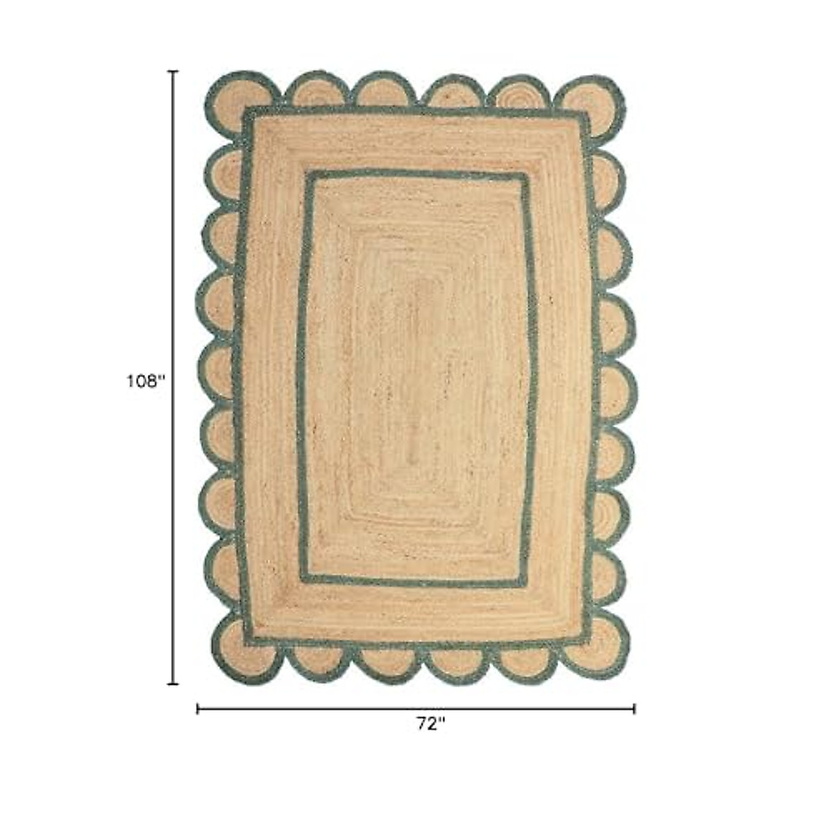 The Weaver House Natural Scalloped Jute Area Rug Bohemian Scallop Boho Decor Area Handwoven Custom Rugs Decorative Rug Reversible Braided Rugs (BD6-6x9-GRN)