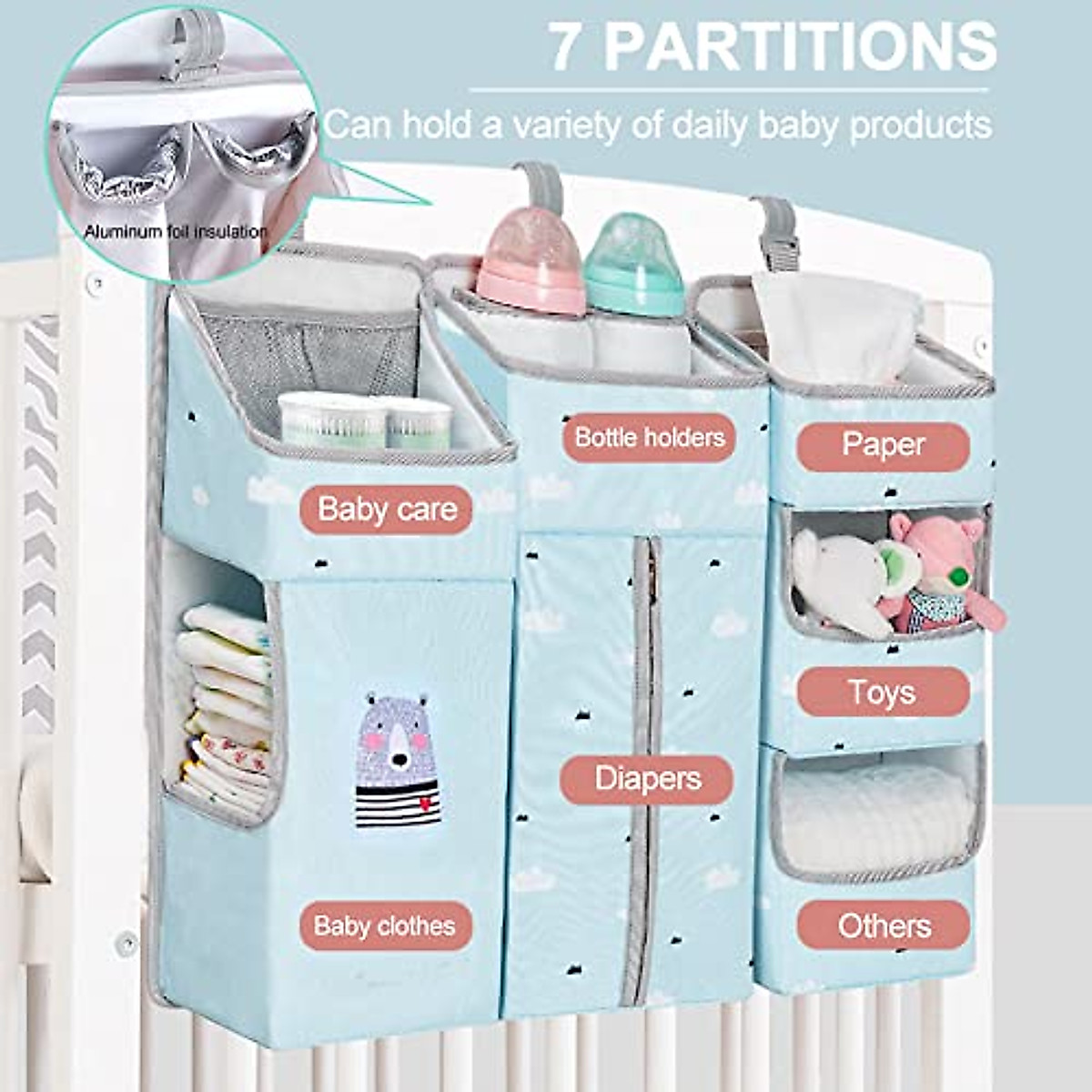 TOCKONIMN Hanging Diaper Caddy Organizer for Baby Crib - 3-in-1 Diaper Stacker for Changing Table Nursery Organization Storage Holder for Baby Essentials Attachment Portable Combining Clothing (Blue)