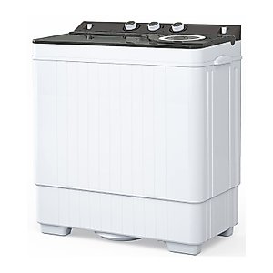 Portable Washing Machine, 26lbs Twin Tub Washer Mini Compact Laundry Machine with Drain Pump, Semi-automatic Twin Tube Washer for Apartment, Dorms, RVs, Camping and More (White & Grey)