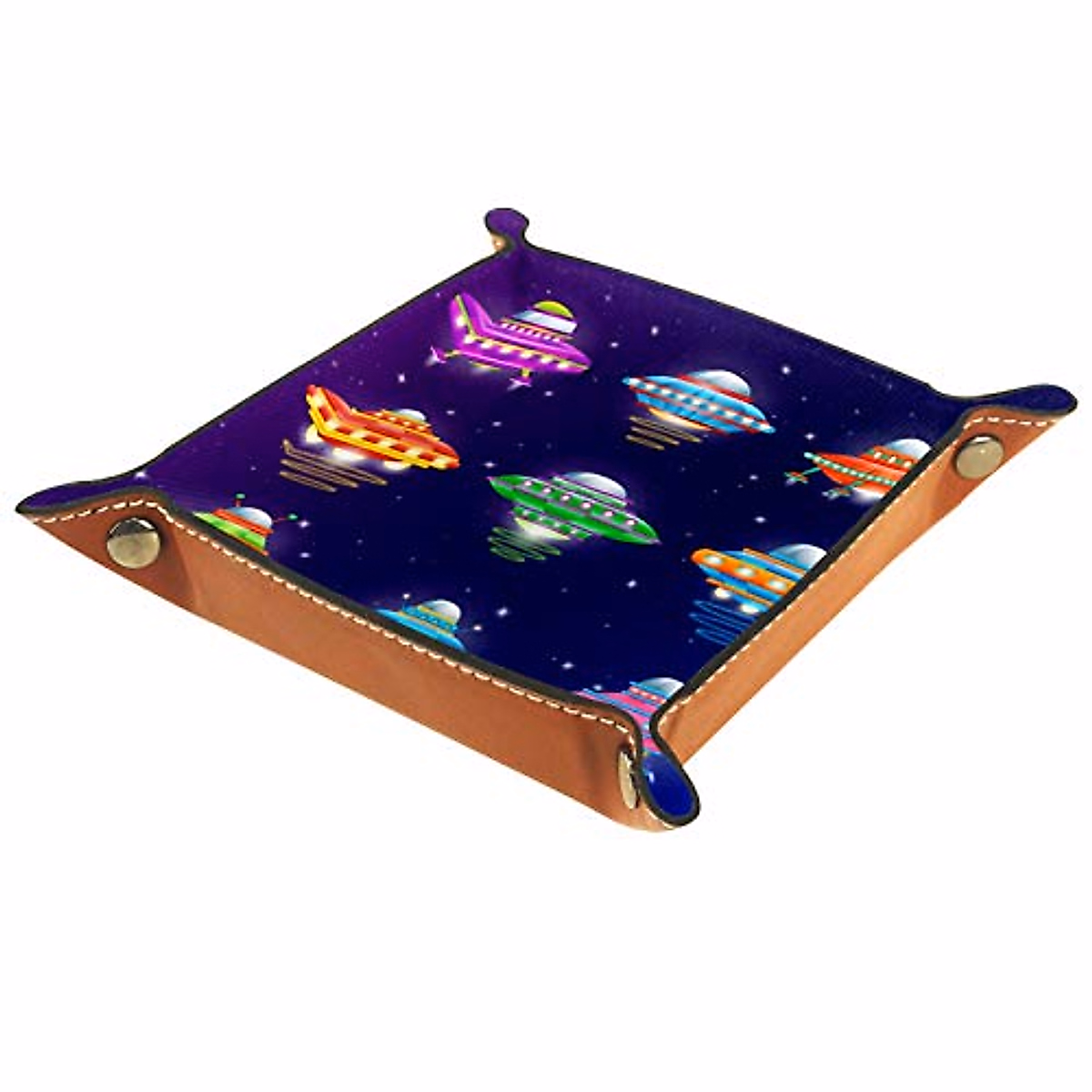 Lyetny Cartoon UFO Spaceship Pattern Organizer Tray Storage Box Bedside Caddy Desktop Tray Change Key Wallet Coin Box Tray Storage Valet,20.5x20.5cm