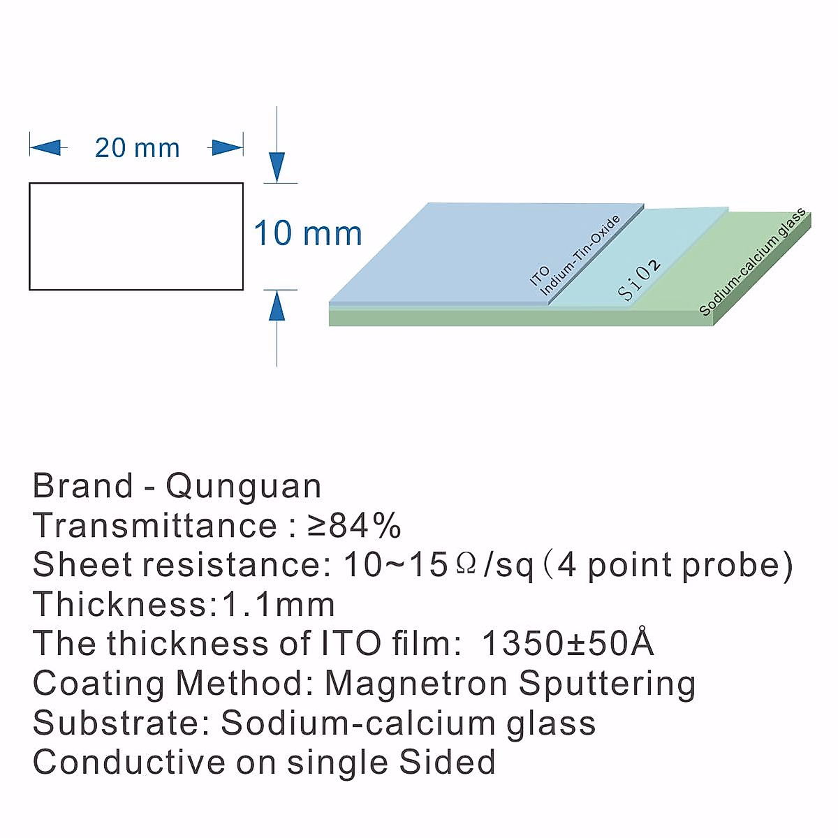 ITO Coated Conductive Glass 10mm×20mm Transparent Indium Tin Oxide Coating Conductive Glass for Lab R&D Use Sheet Resistance: ≤15ohm/sq (120 Pieces)