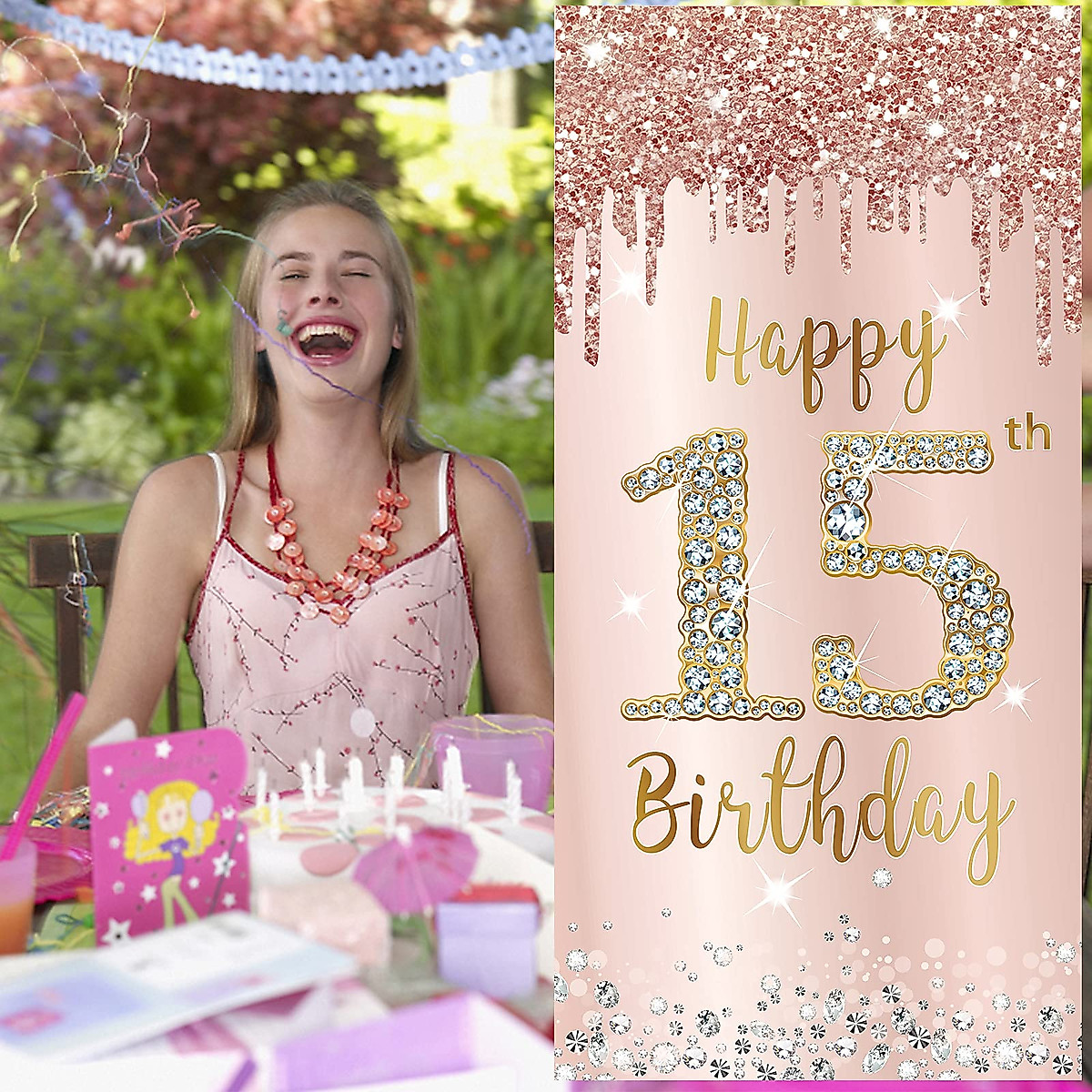 Happy 15th Birthday Door Banner Decorations for Girls, Pink Rose Gold 15 Birthday Party Backdrop Door Cover Sign Supplies, Fifteen Year Old Birthday Poster Background Decor