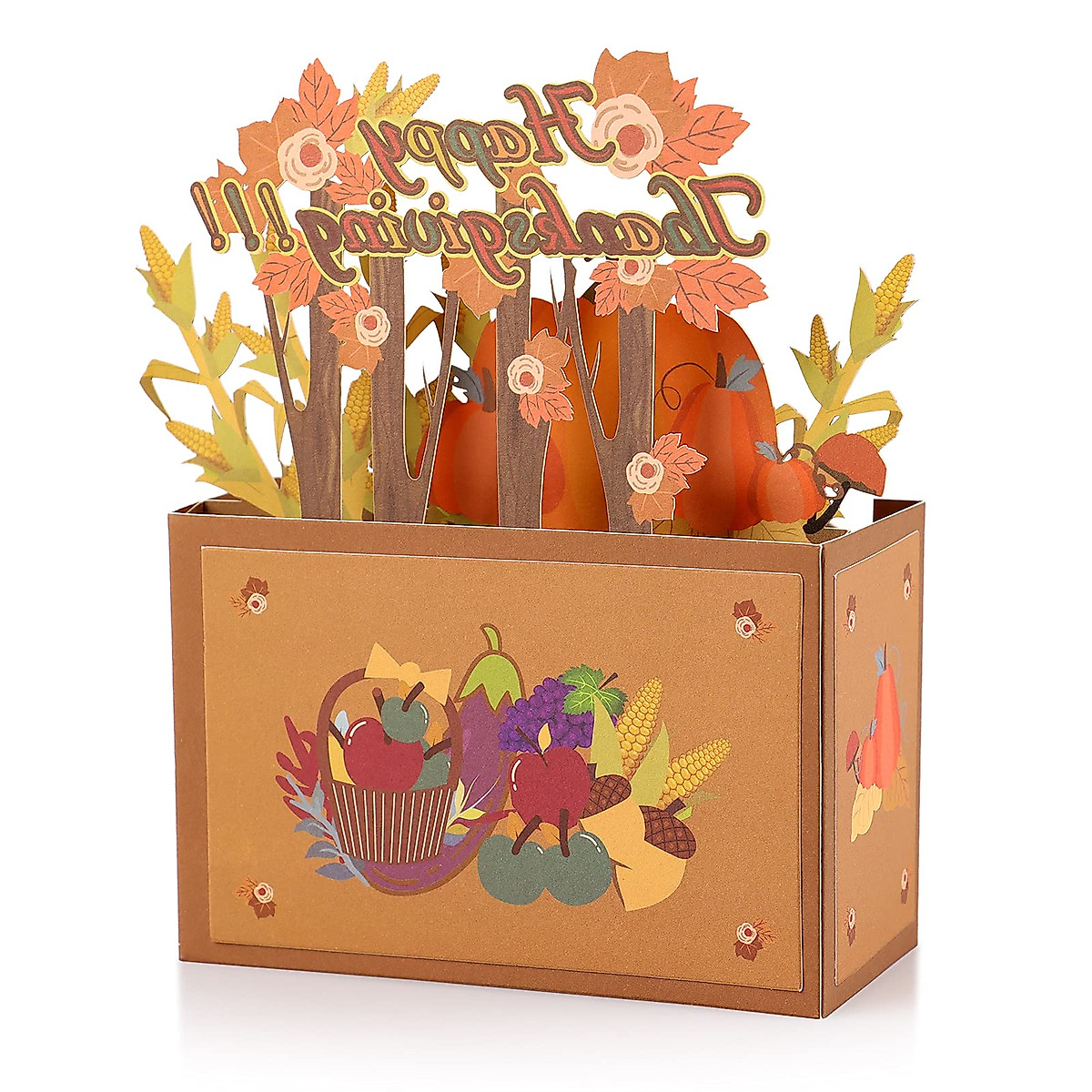 Giiffu Thanksgiving 3D Pop Up Card, Fall Greeting Card, Autumn Blessings Thank You Card, Handmade, Brown, Tan, Gold Pearlescent Envelope