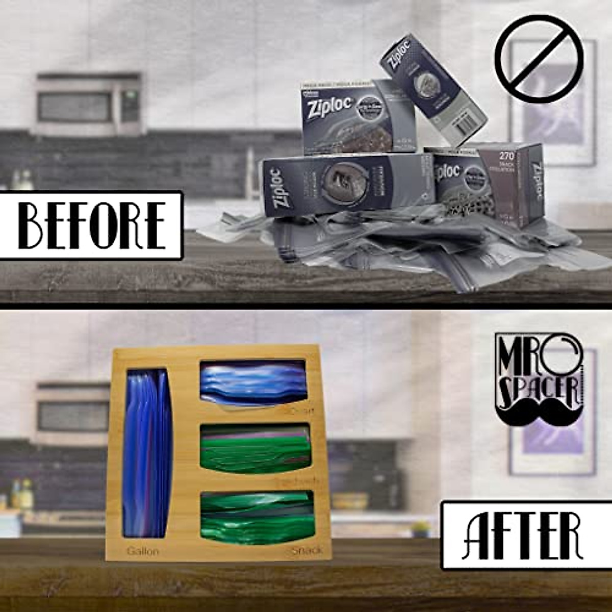 Mr Spacer Food Bag Storage Organizer for Kitchen, Bamboo Kitchen Bag Organizer, Compatible with Gallon, Quart, Sandwich and Snack Size Bag (1 Box 4 Slots)