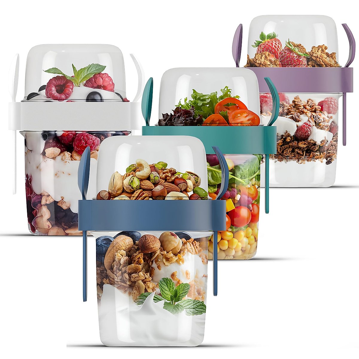 QUASLEQ 4-Pack Yogurt Parfait Cups - with Lids and Spoons - Reusable Yogurt Containers for On-the-Go - Portable Yogurt Cups with Topping Storage - Ideal for Oatmeal and Breakfast Prep (22 oz-650 Ml)