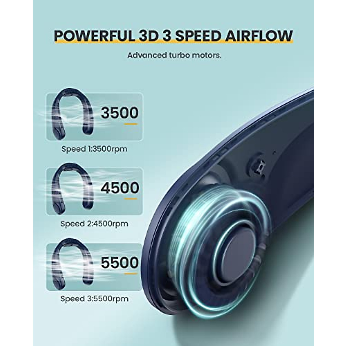 Portable Neck Fan with Sides and Back Motors for 360°Cooling, Wearable Hands Free Bladeless Fan, Wrap-around Fans,Personal Rechargeable Leafless, 4000 mAh,3 Speeds, Quiet Soft Silicone Neckband Fans