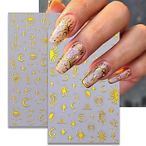 8 Sheets Metallic Sun Star Moon Nail Art Stickers 3D Self-Adhesive Gold Decals Sun God Asterisk Snake Eyes Design for Women Acrylic Nails DIY Decoration Supplies