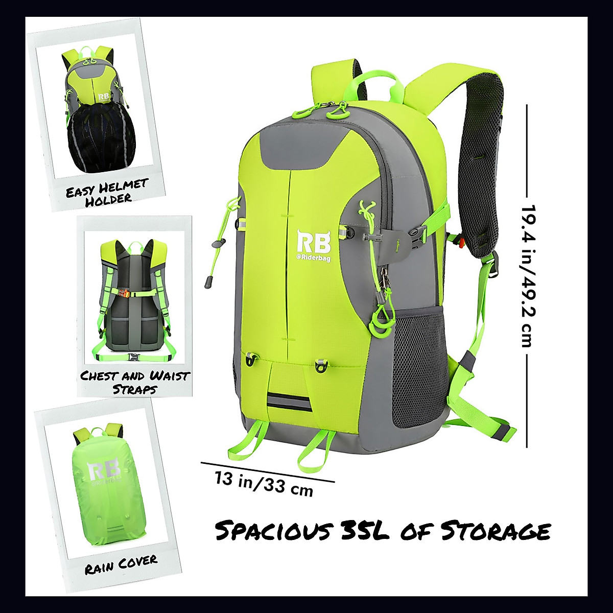 Reflective Motorcycle Backpack. Lightweight 35L sport Backpack for motorcycle, bike or scooter riders, a perfect commuter essential (lime backpack)